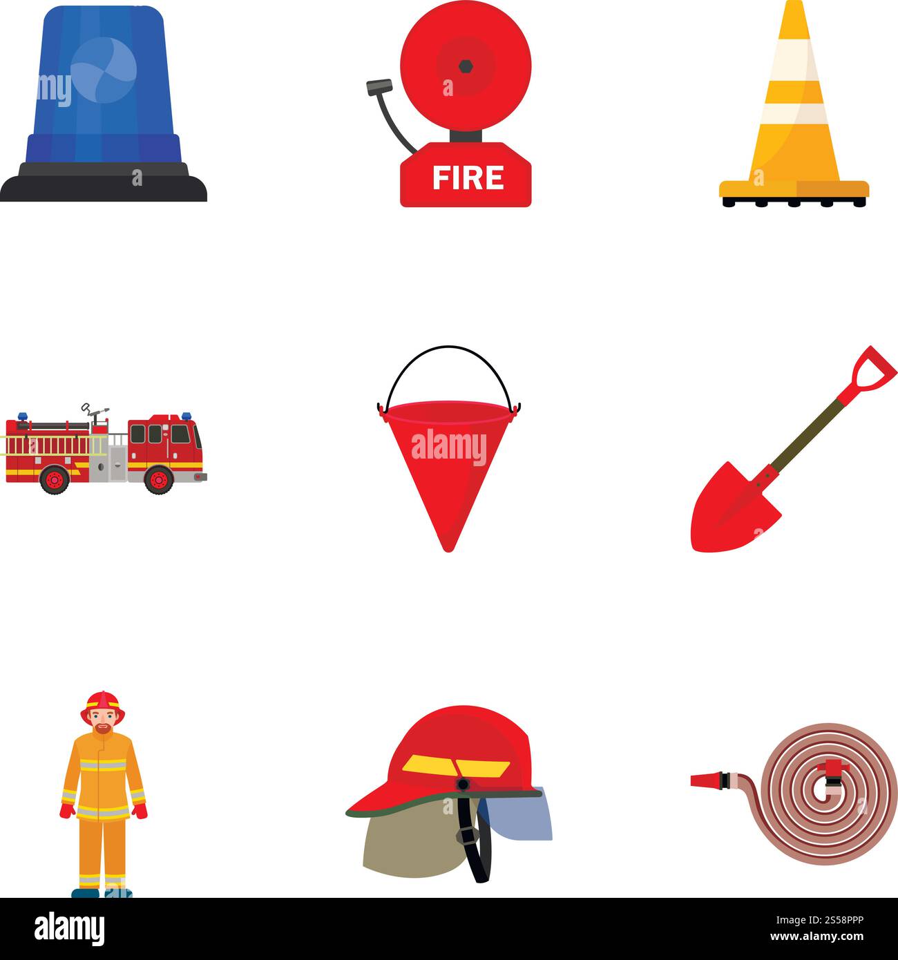 Firefighter tools icon set. Flat set of 9 firefighter tools vector ...