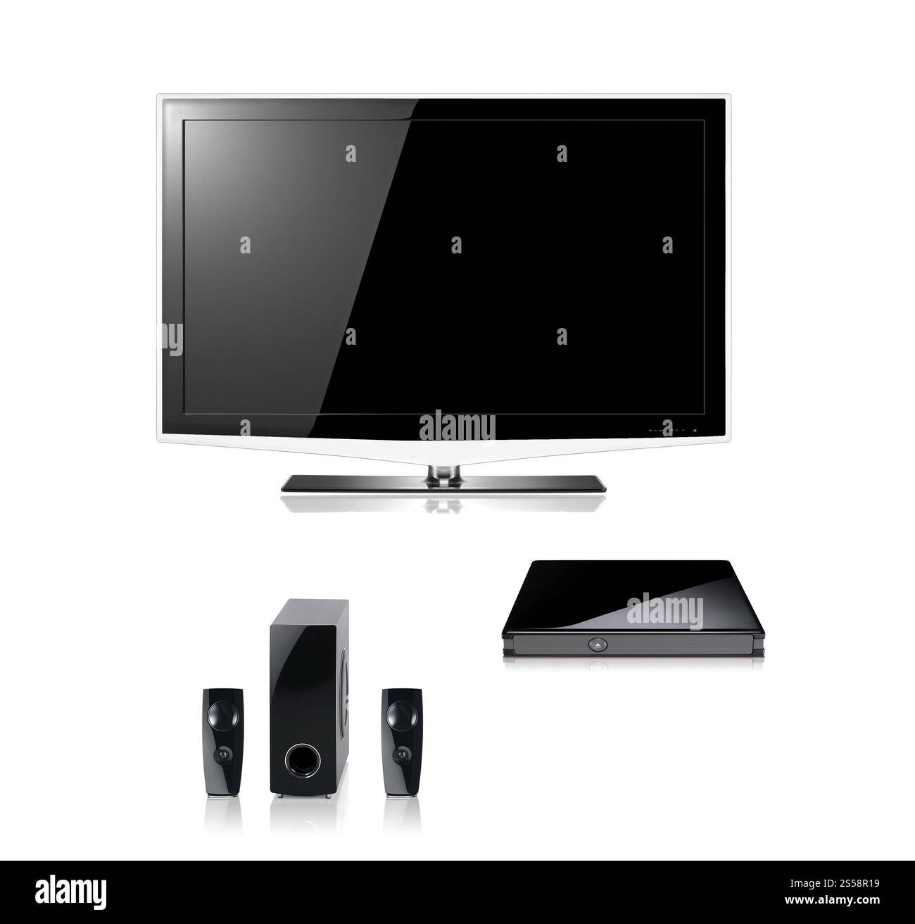 Modern acoustic systems with lcd panel isolated on white background ...