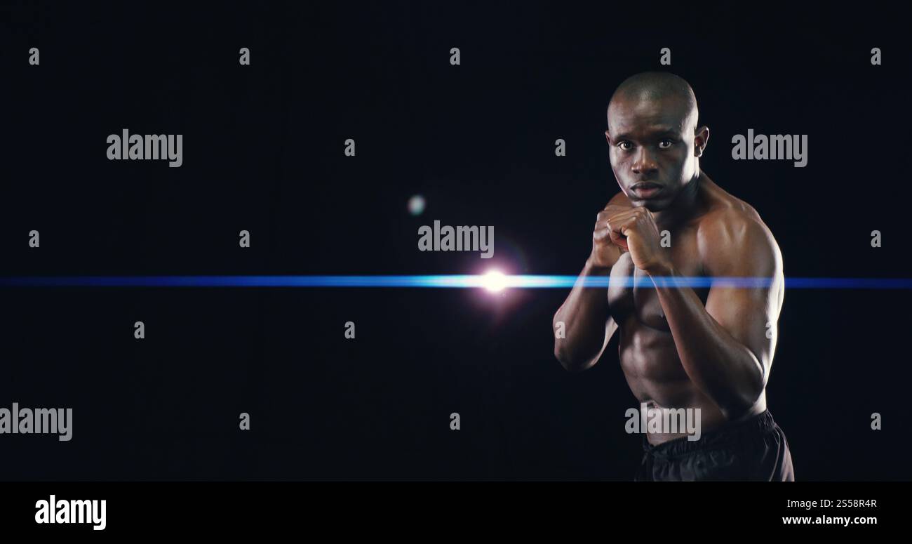 Mockup space, boxing and portrait of black man in studio for workout ...