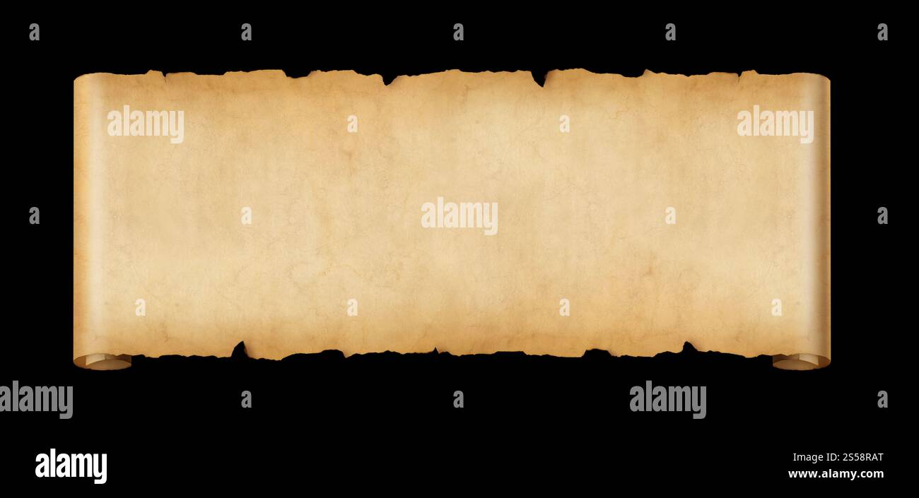 Old paper horizontal banner. Parchment scroll isolated on black ...