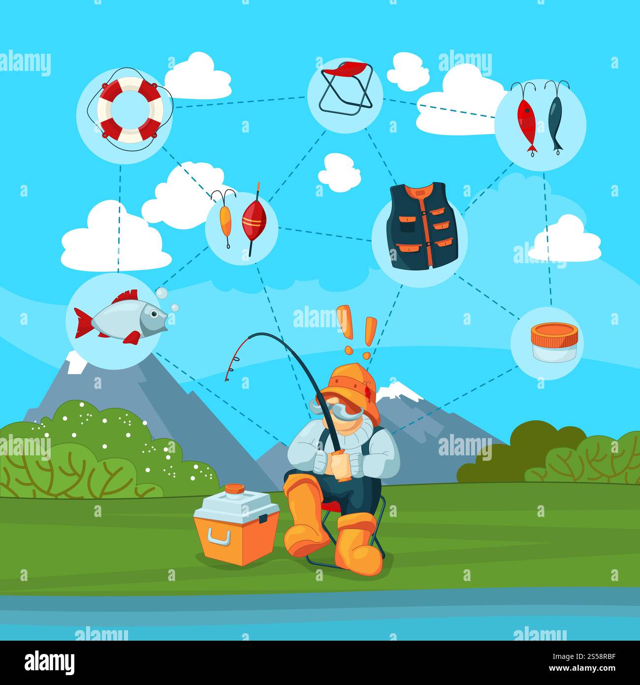 Vector concept illustration with fisherman and cartoon fishing ...