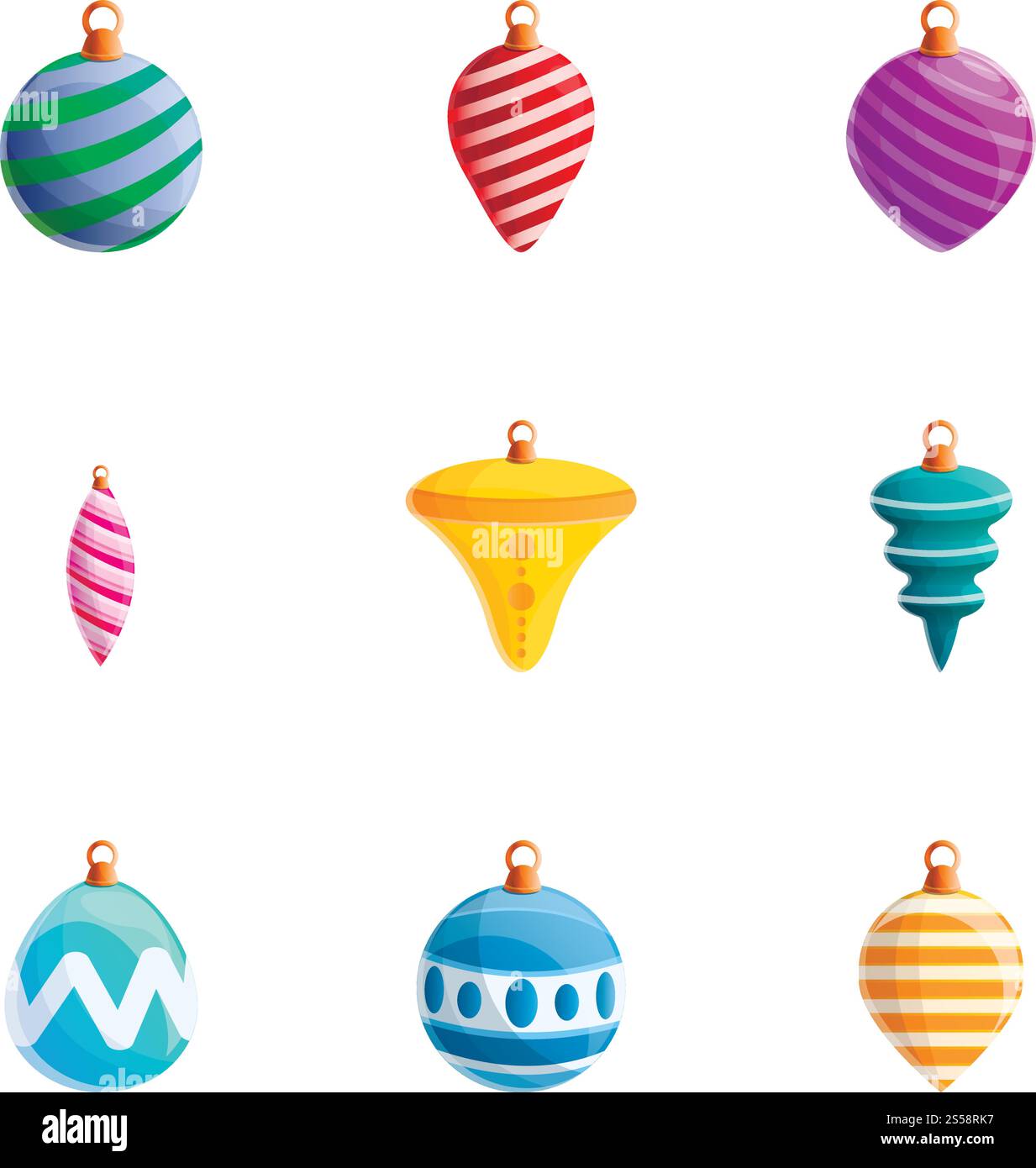 Colorful fir tree toys icon set. Cartoon set of 9 colorful fir tree ...