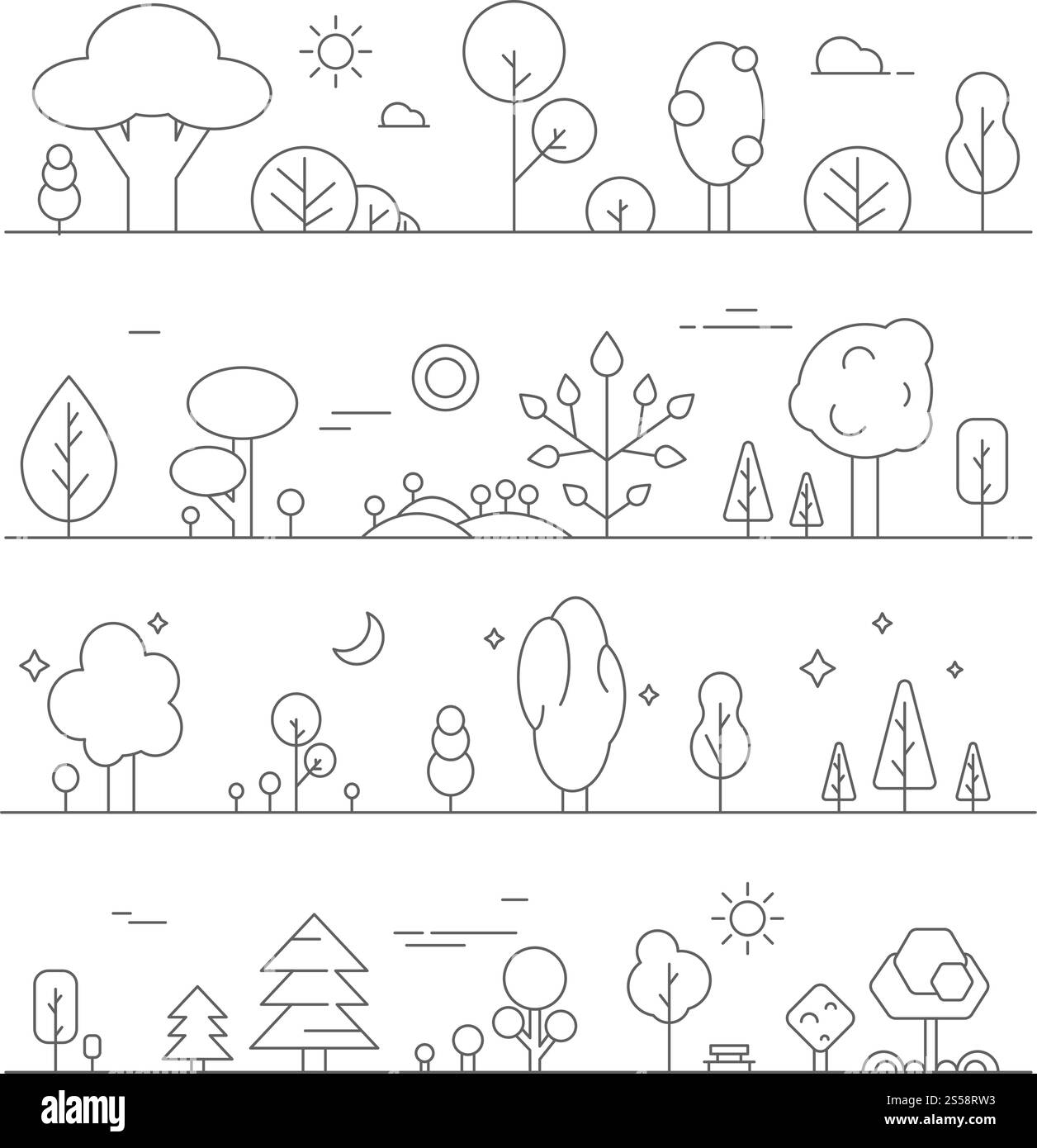 Landscapes with plants. Vector mono line pictures of hills and trees ...