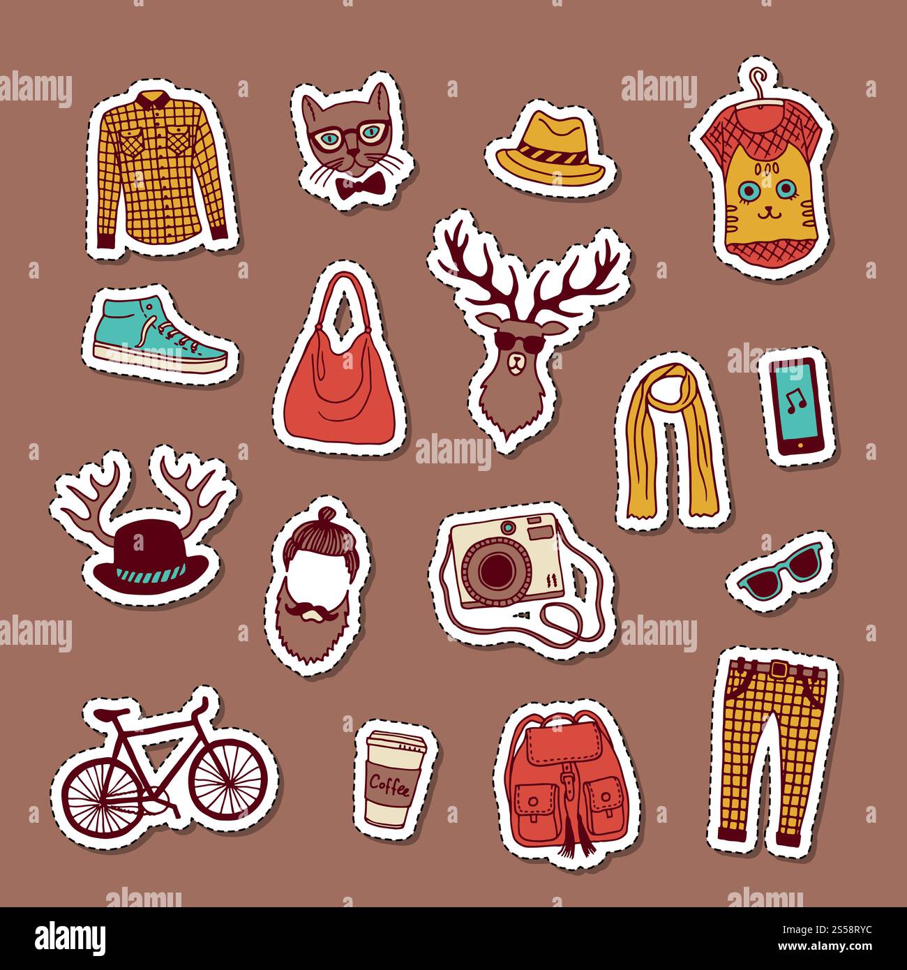Vector hipster doodle icons stickers set illustration isolated on ...