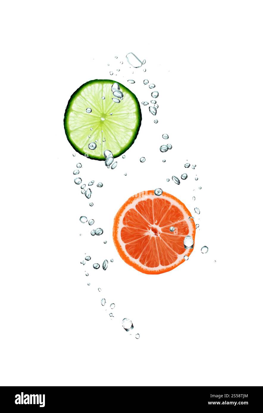 slice of grapefruit and lime in water isolated on white background ...