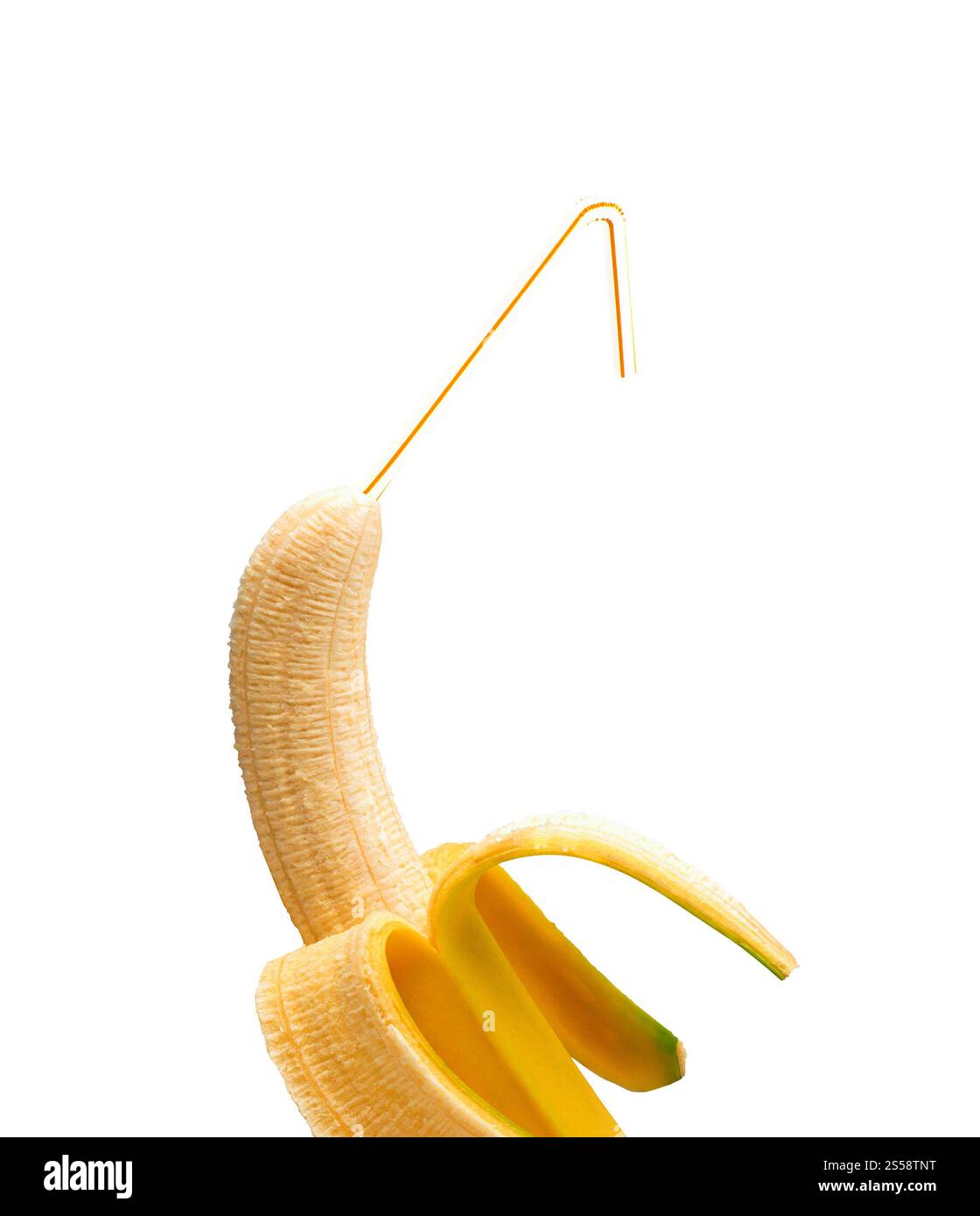 banana with cocktail stick isolated on white. banana with cocktail ...