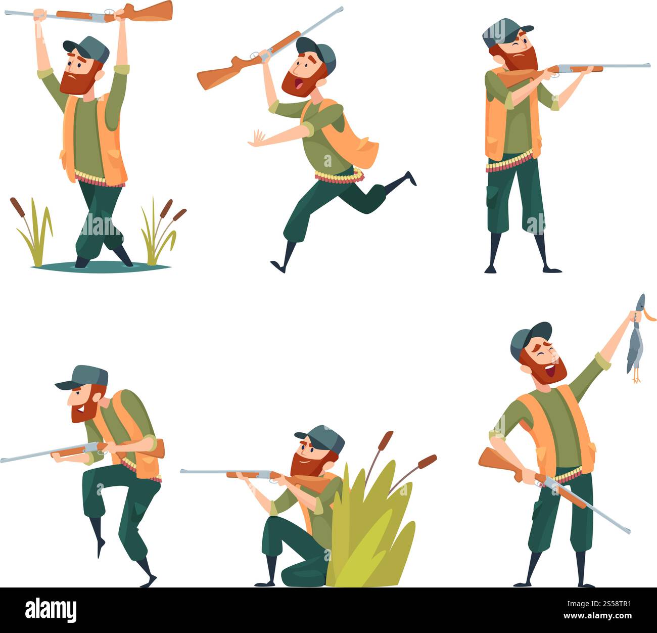 Characters of hunters. Vector cartoon illustrations of various hunter ...
