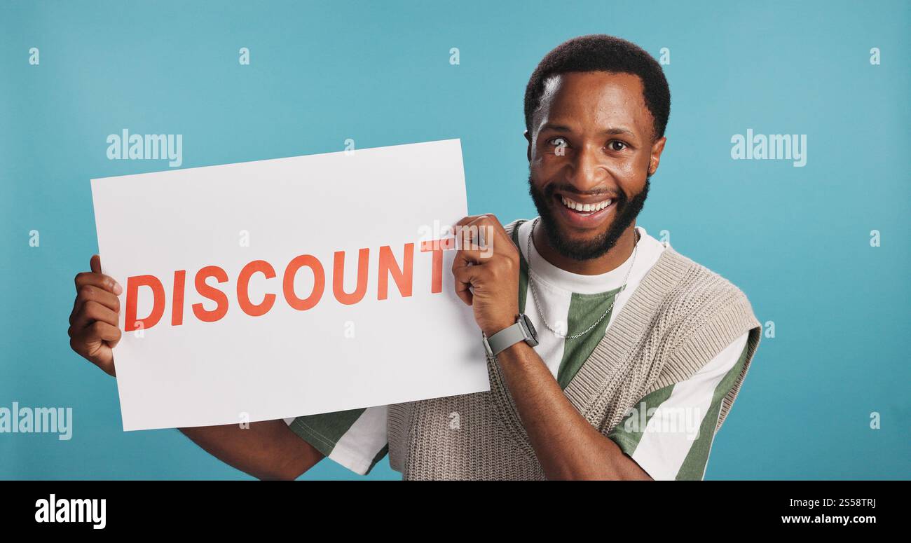 Portrait, discount board and black man with smile, opportunity and ...