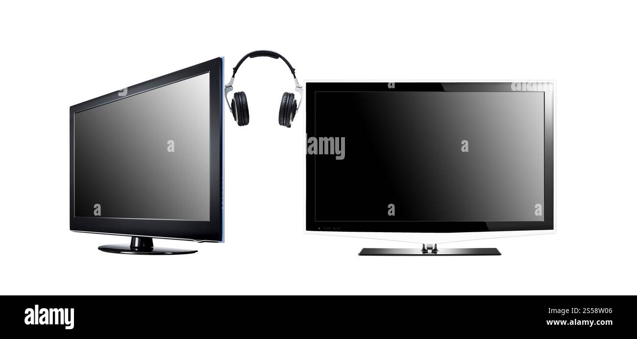 two LCD high definition flat screen TV with headphone isolated on white ...