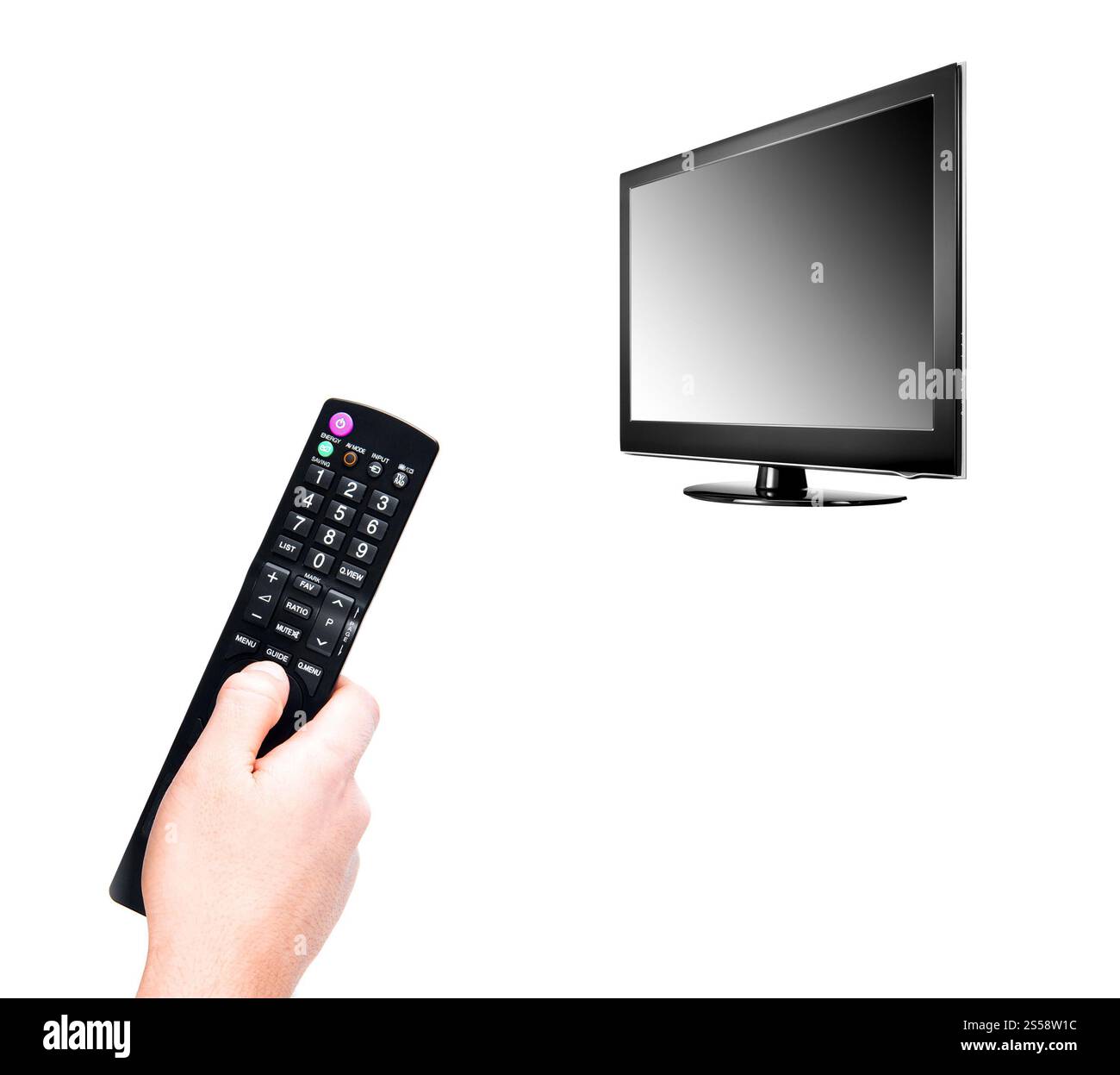 Hand with TV remote control isolated on white. Hand with TV remote ...