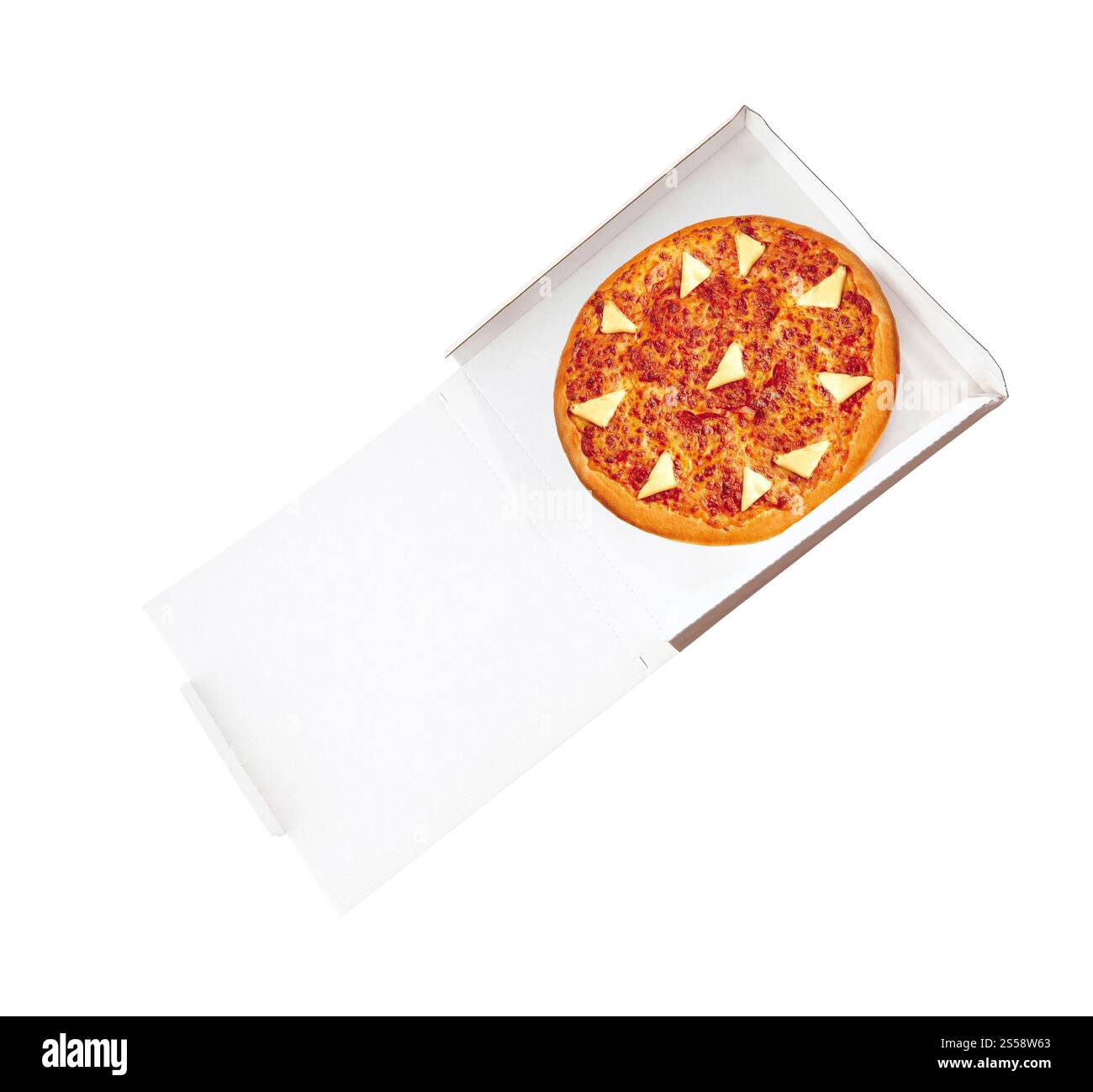 pizza in open paper box on white background. pizza in open paper box ...