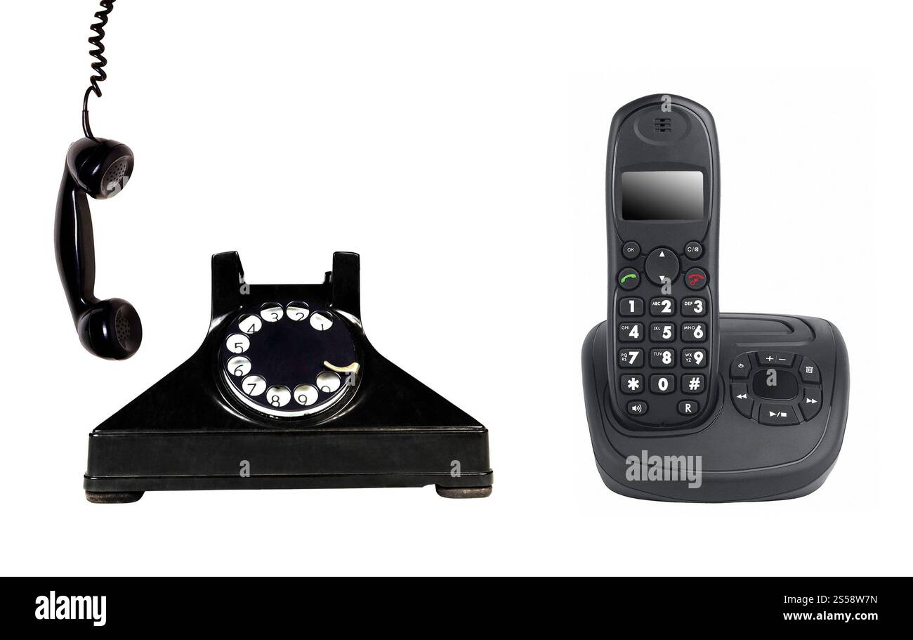 vintage and modern phone isolated on a white background. vintage and ...