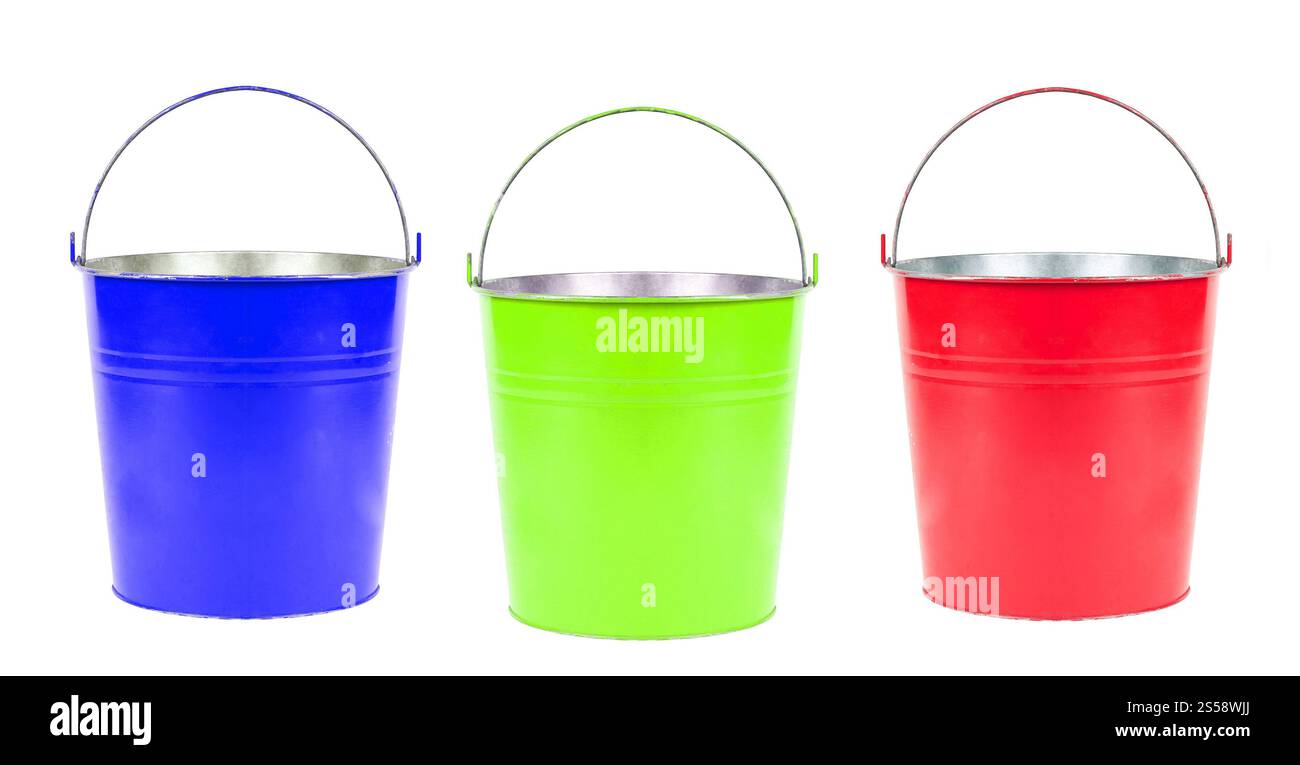 blue, green, red buckets isolated on white background. blue, green, red ...