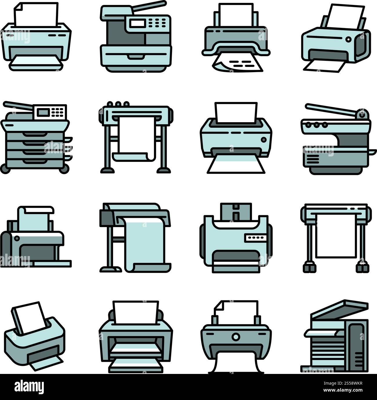 Printer icons set. Outline set of printer vector icons for web design isolated on white ...