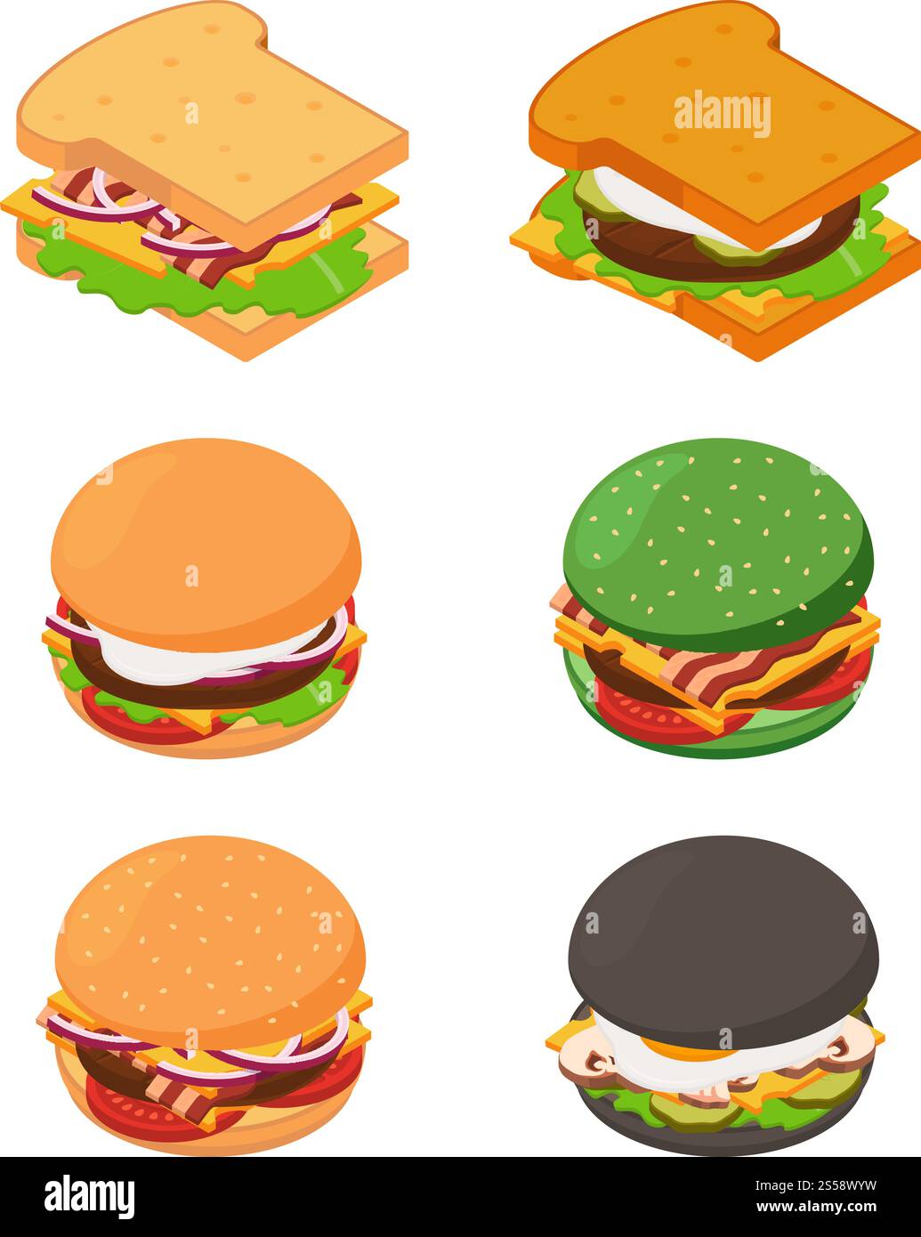 Isometric burgers and sandwich. Fast food pictures set of hamburger and ...
