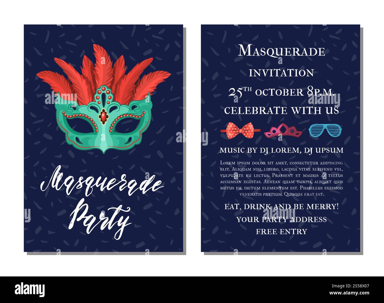 Vector party invitation template with masks and party accessories illustration. Vector party ...