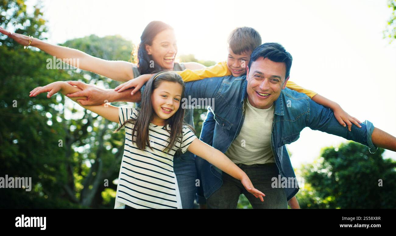 Family, piggyback and outdoor flying for love, fantasy adventure and ...