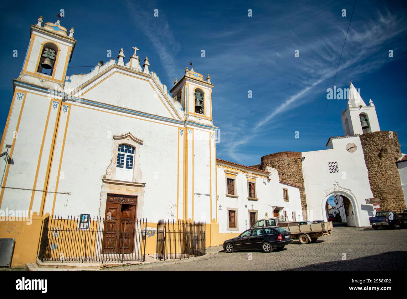 the Church and Igreja Matriz de Redondo and Gate at the Parca Dom Dinis in the Town of Redondo ...