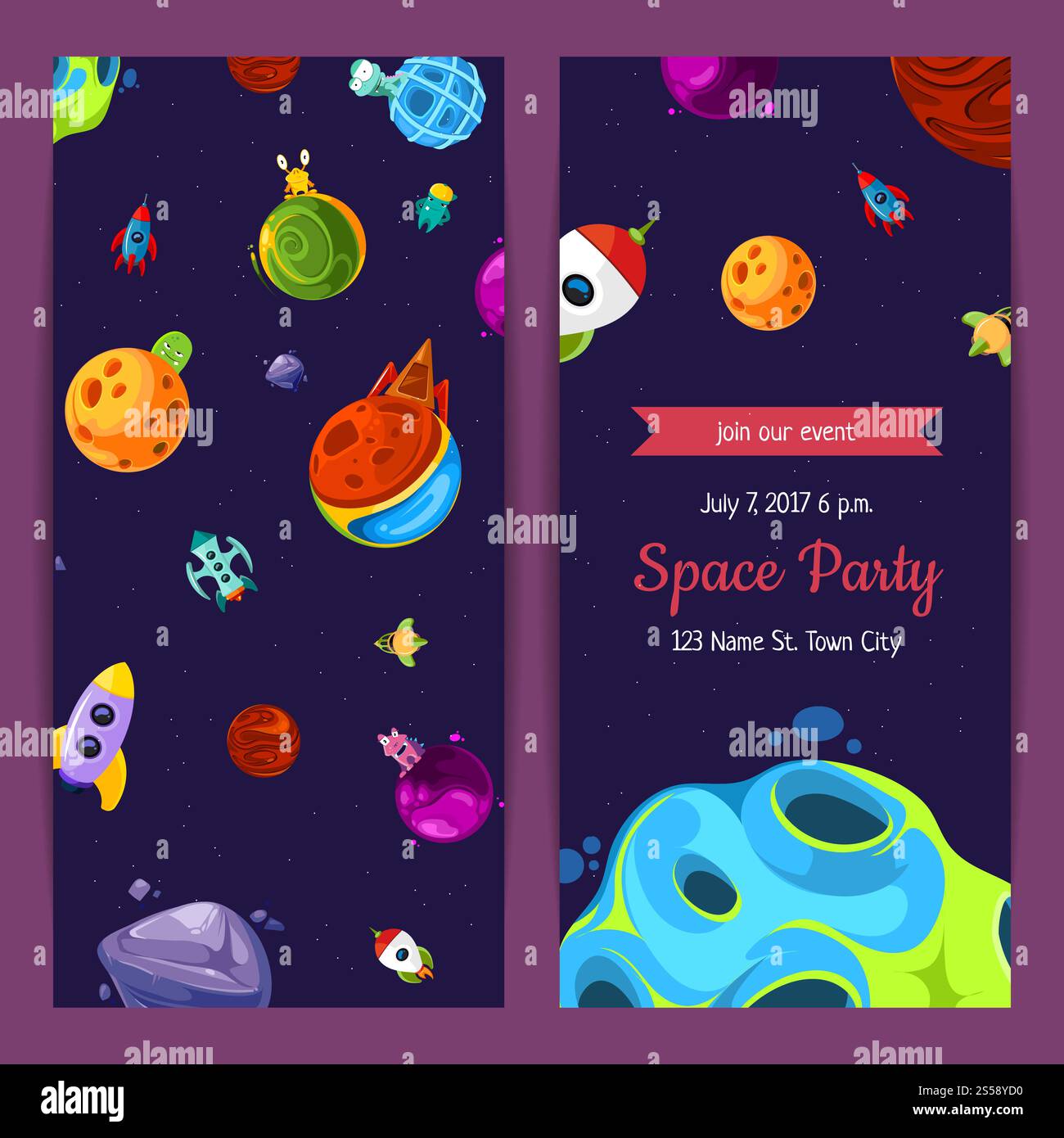 Vector party invitation color card templates with space elements ...