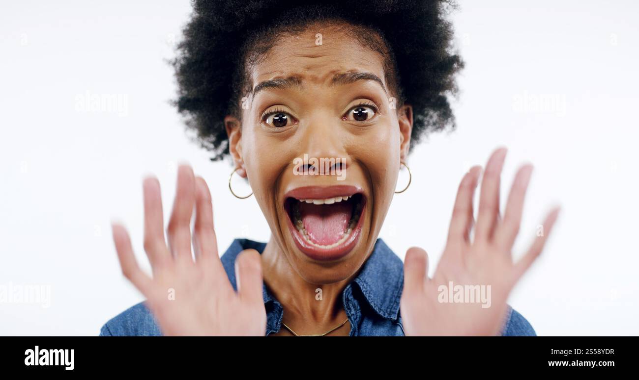 Portrait, shocked and black woman with expression, winner and shouting ...