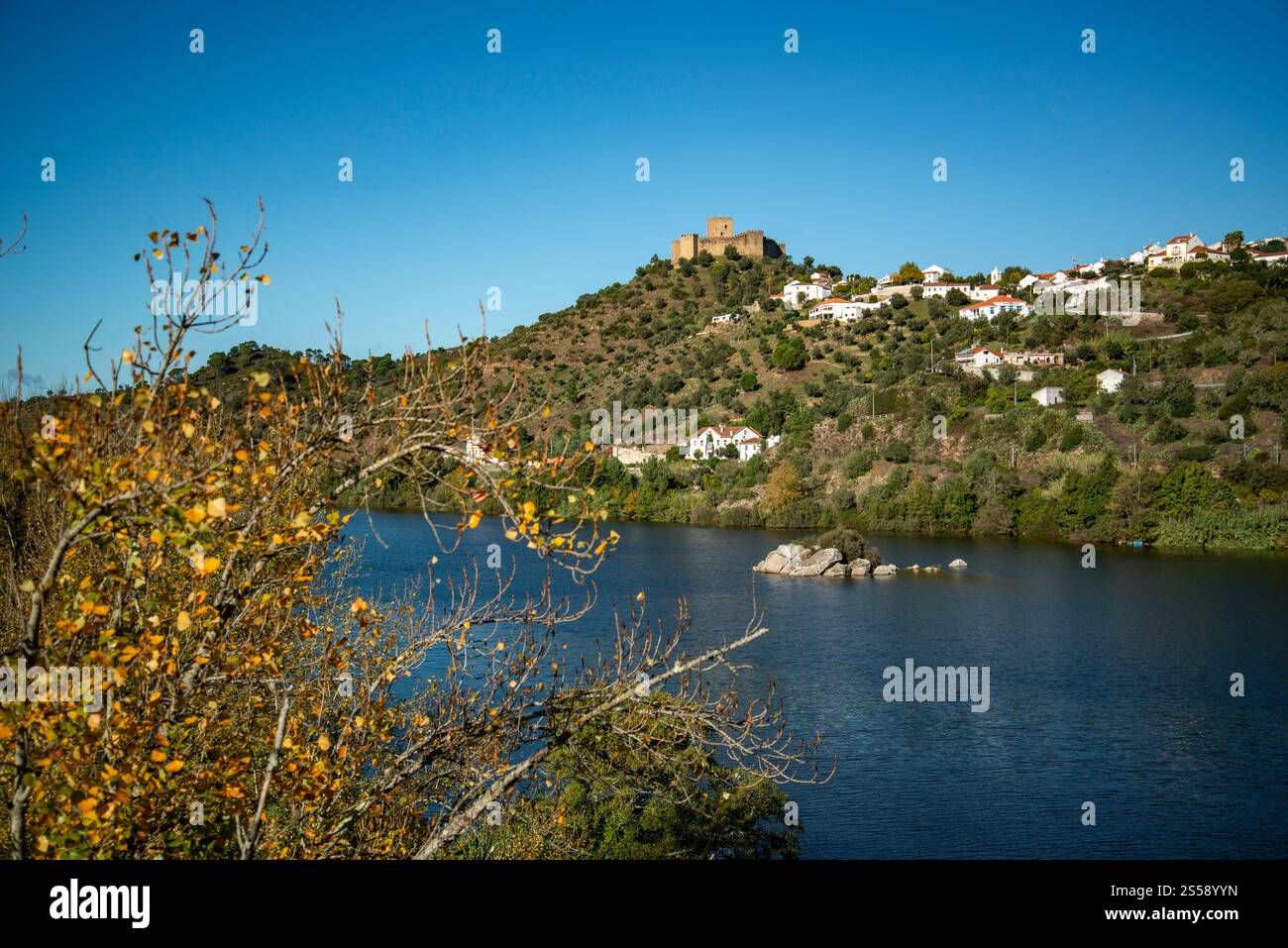 a view with the Castelo de Belver with the Town of Belver at the Rio ...
