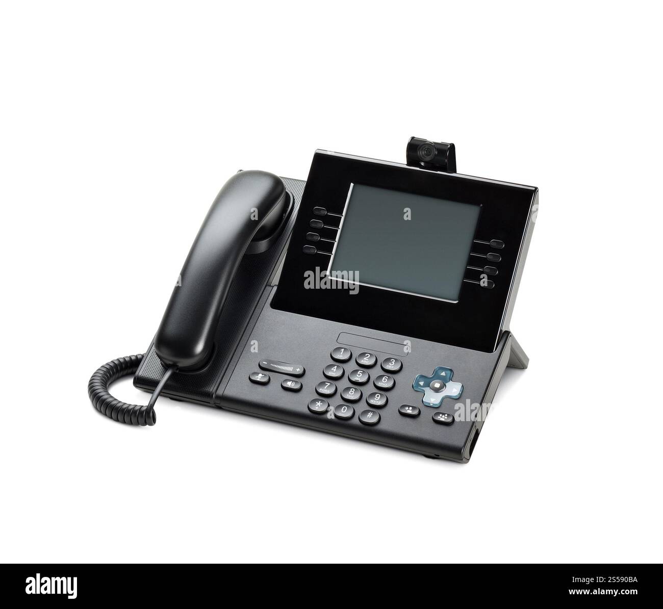 Office IP telephone set with LCD display isolated on white. Office IP ...