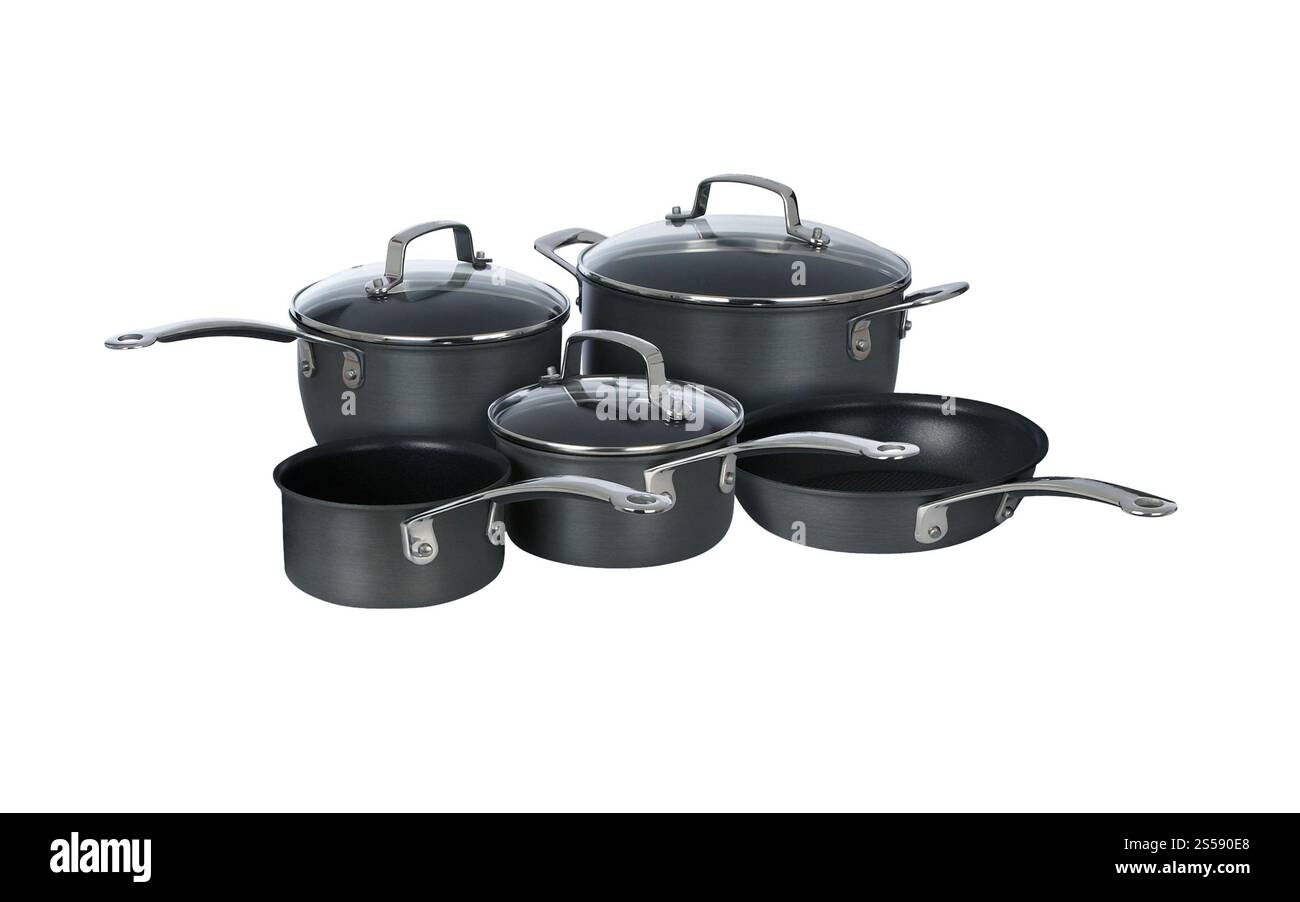 set of stainless steel pots and pans isolated on white background. set ...