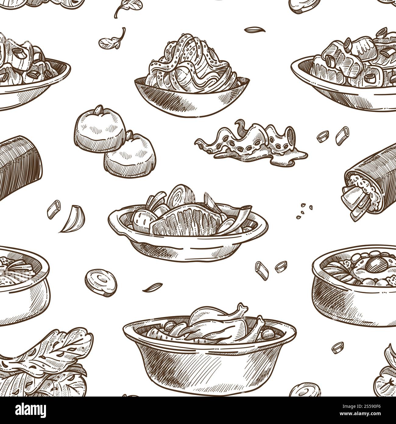 Korean cuisine traditional dishes sketch seamless pattern. Vector set ...
