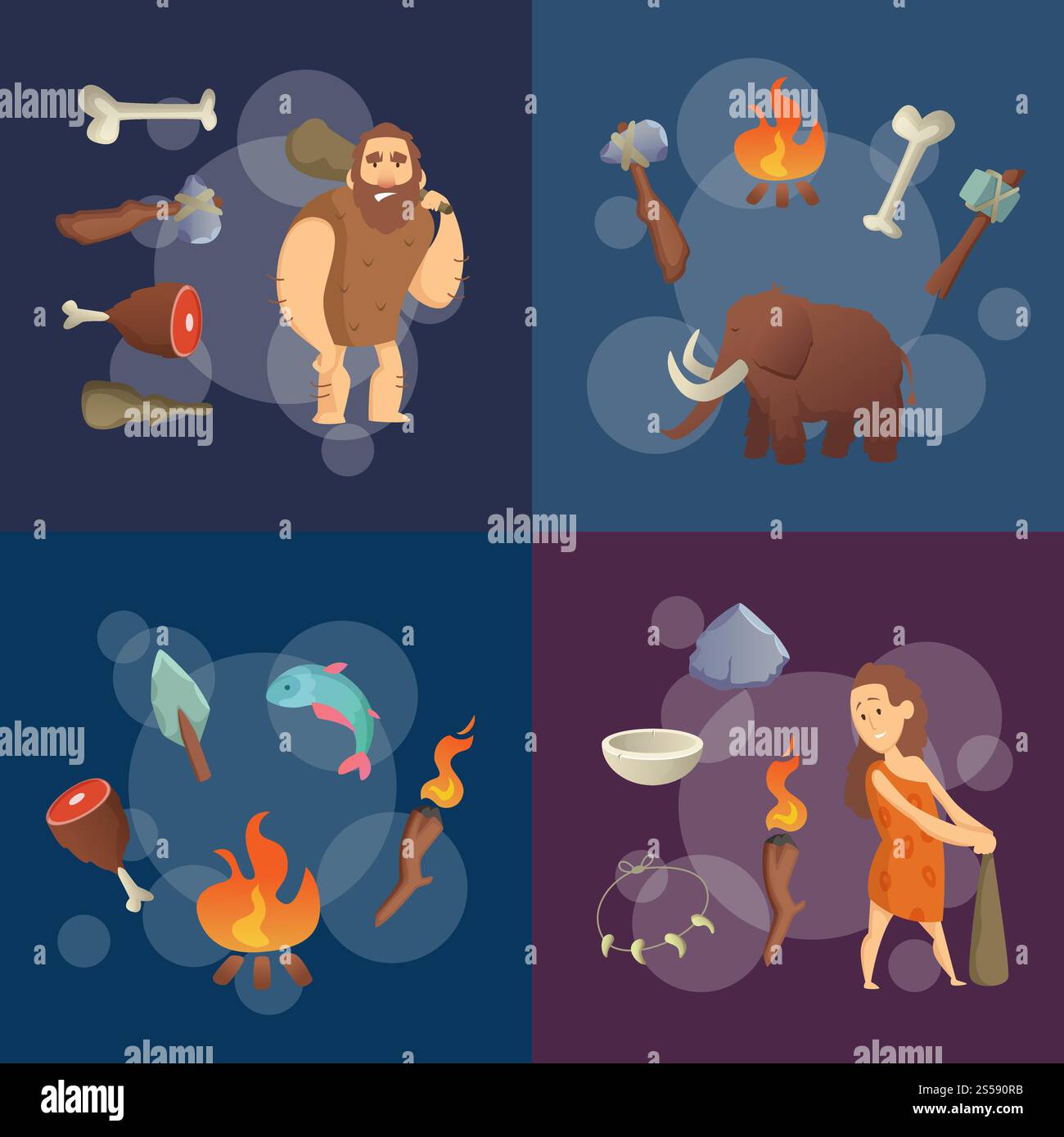 Stone Age elements. Vector cartoon cavemen and woman illustration ...