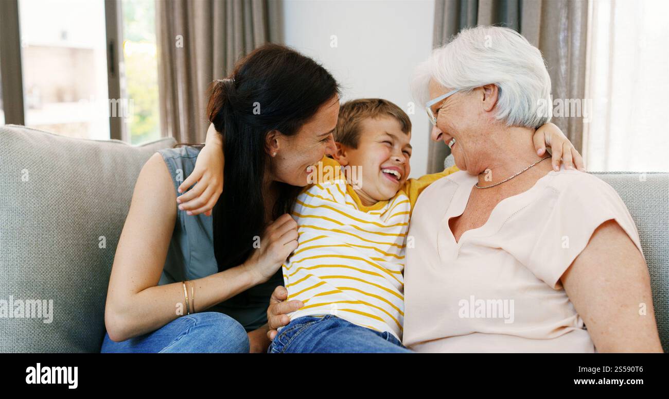 Home, grandma and mom with child for laughing, bonding and playful with ...