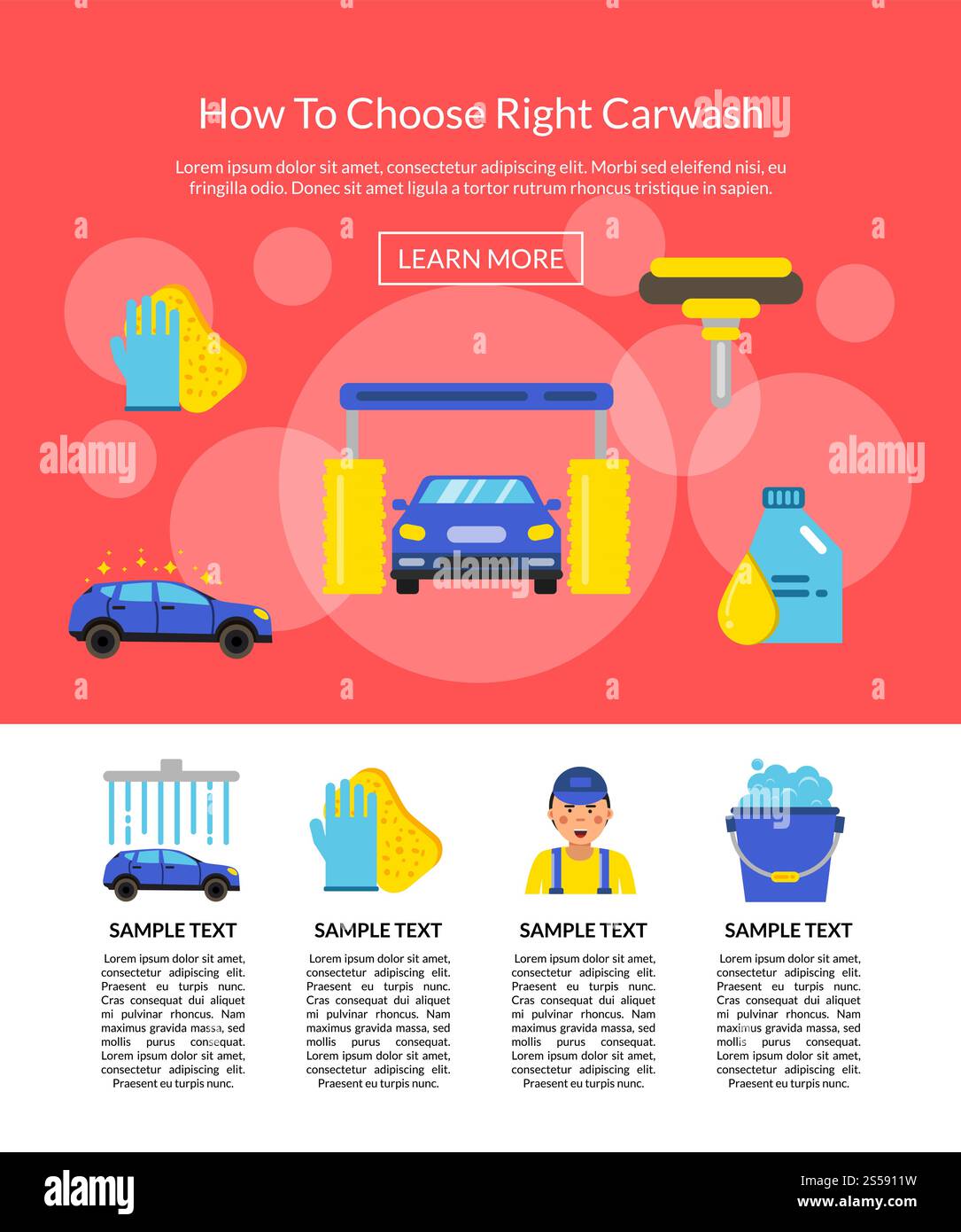 Vector landing page or poster illustration with car wash flat icons ...