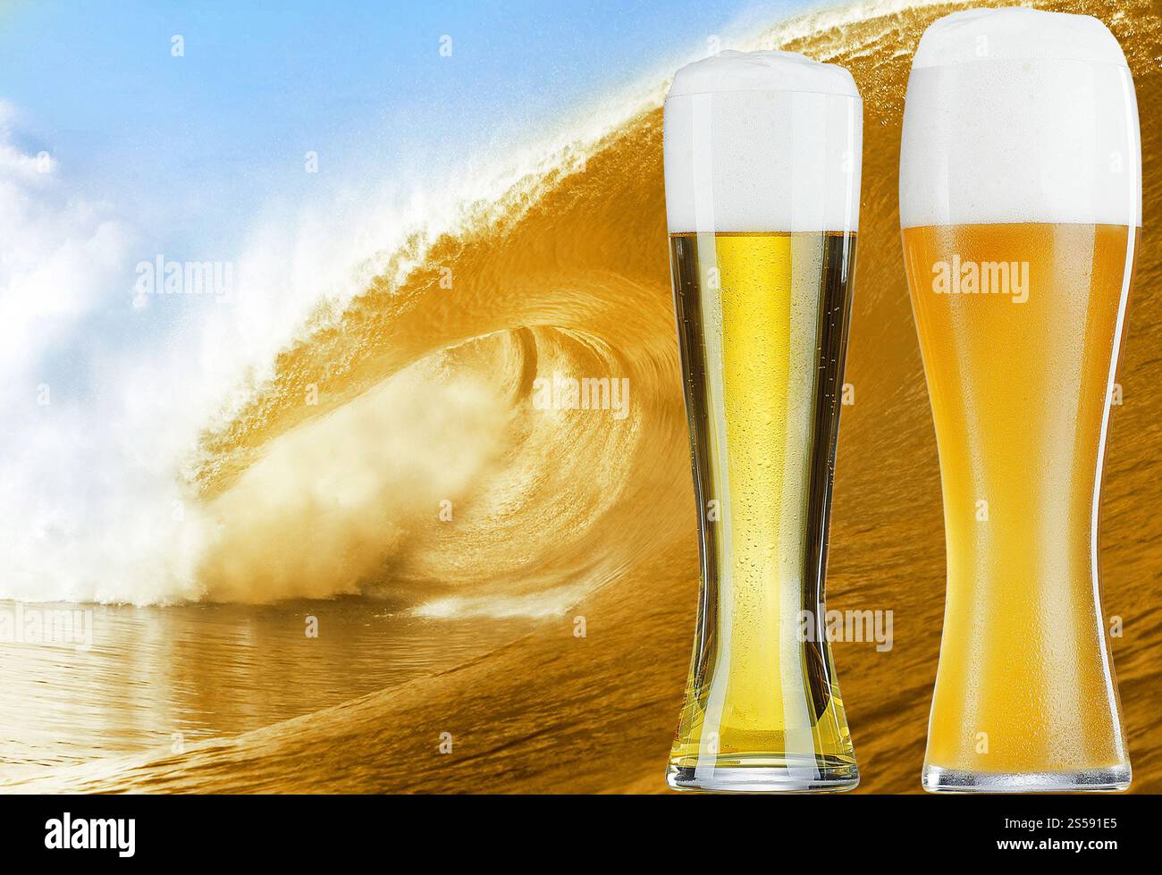 Two glasses of gold beer over the big beer wave. big beer wave Stock ...