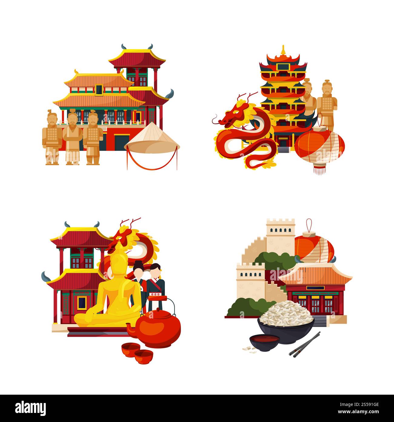 Vector set of flat style china elements and sights piles illustration ...