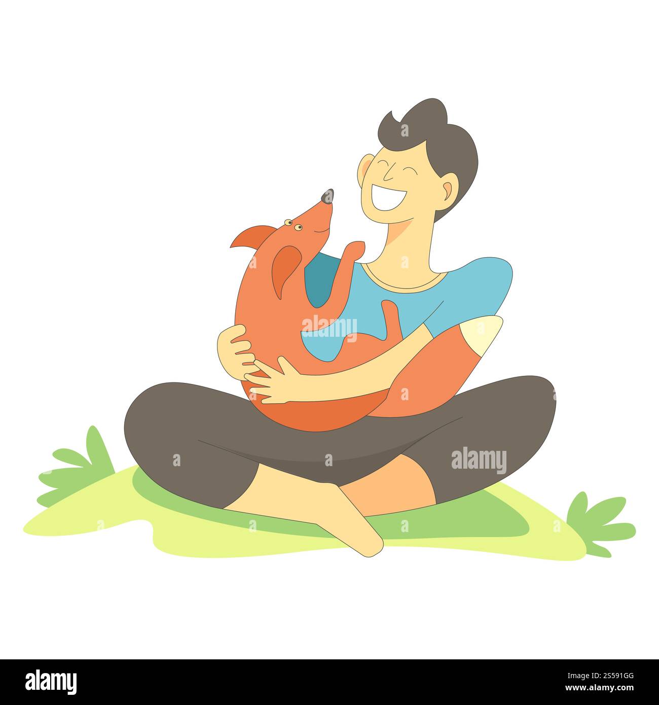Pet with owner male cuddling with fox vector. Man sitting on lawn grass ...