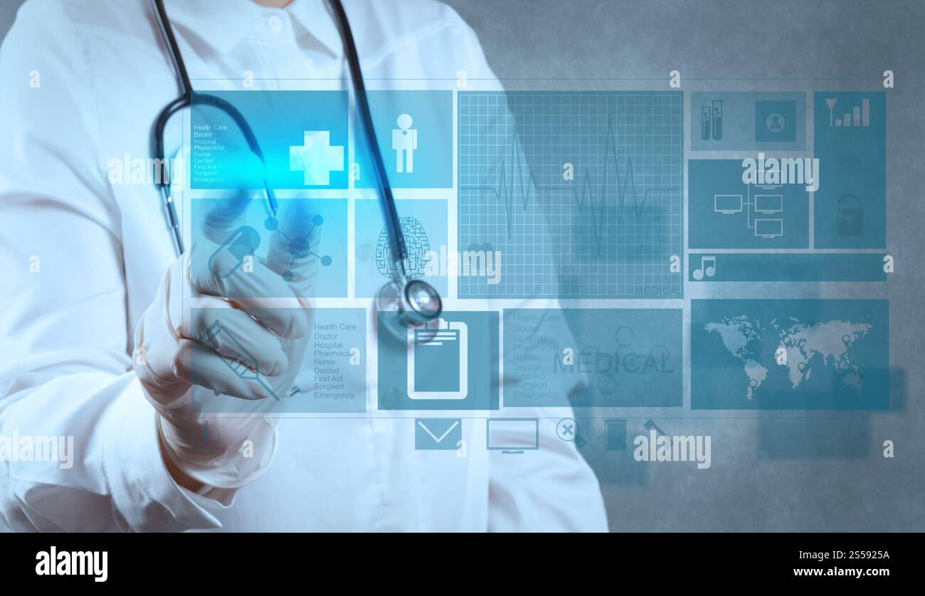 Smart Doctor with a stethoscope working on touch screen modern computer ...