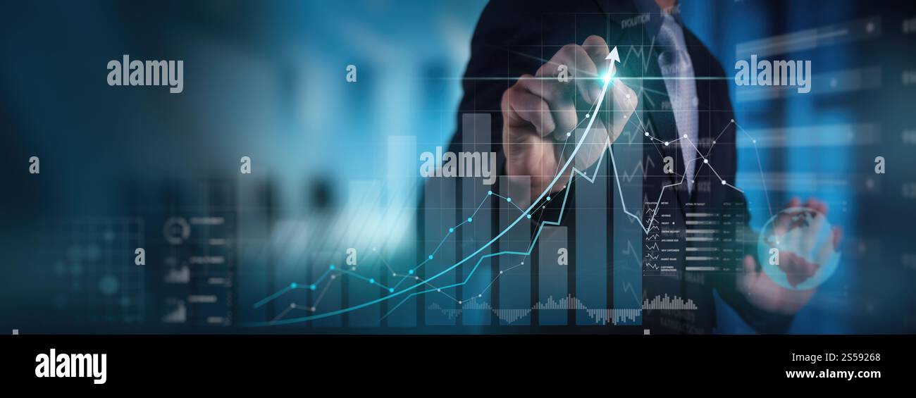 Businessman working with modern computer virtual dashboard analyzing ...