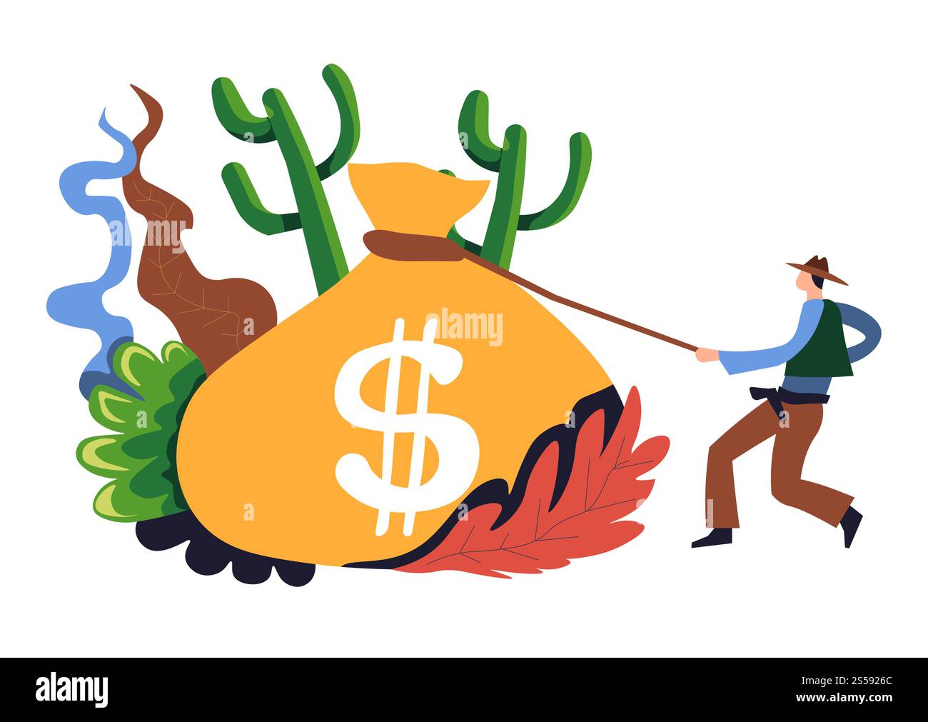 Cowboy pulling bag with dollar cash and cacti vector. Sheriff carrying ...