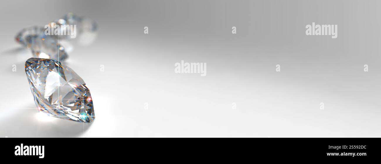 3D rendering illustration.Round cut diamond on white glossy background ...