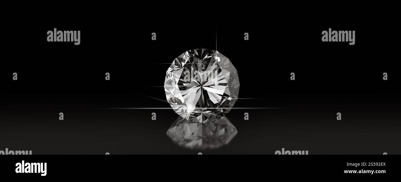 3D rendering illustration.Round cut diamond on black dark glossy ...