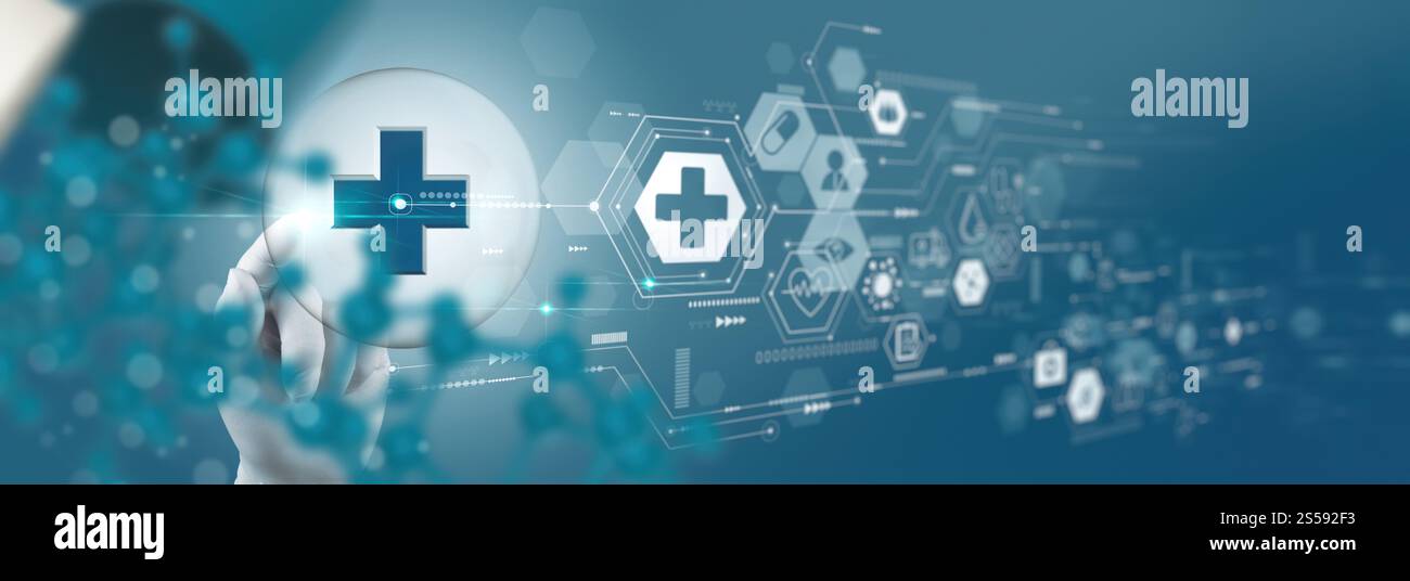 Medicine doctor hand using modern computer diagnose virtual electronic ...