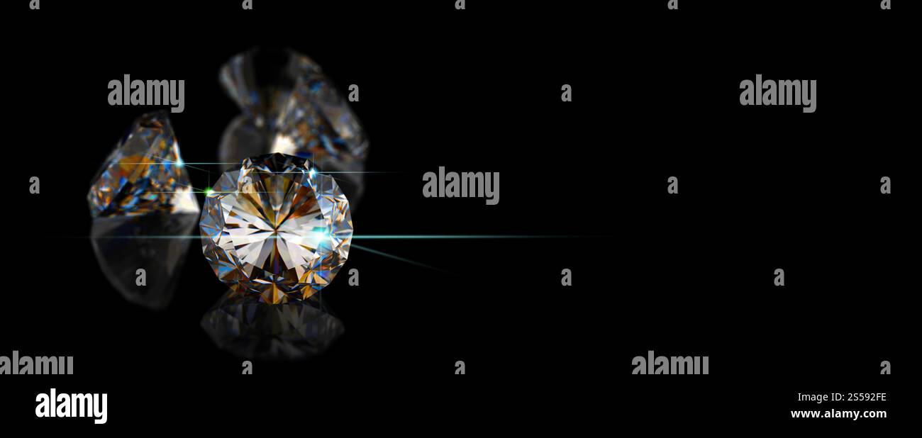 3D rendering illustration.Round cut diamond on black dark glossy ...
