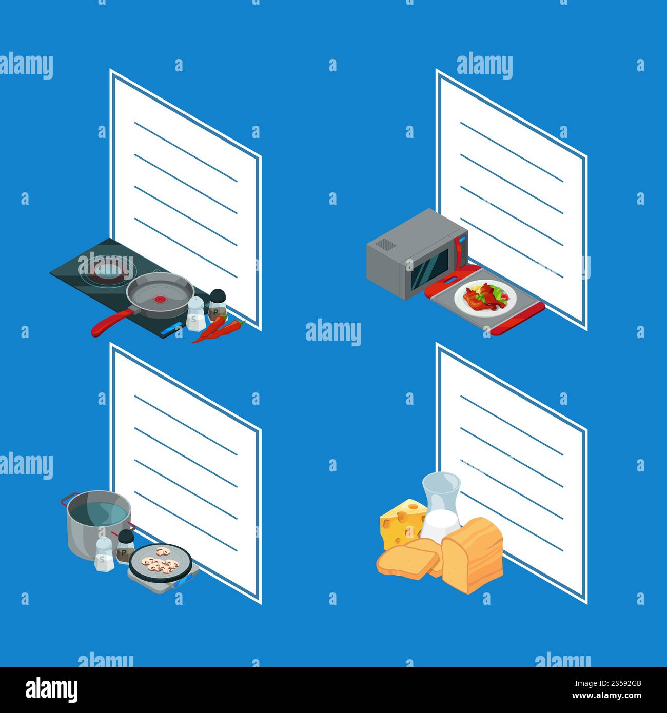 Vector cooking food isometric objects stickers set with place for text ...