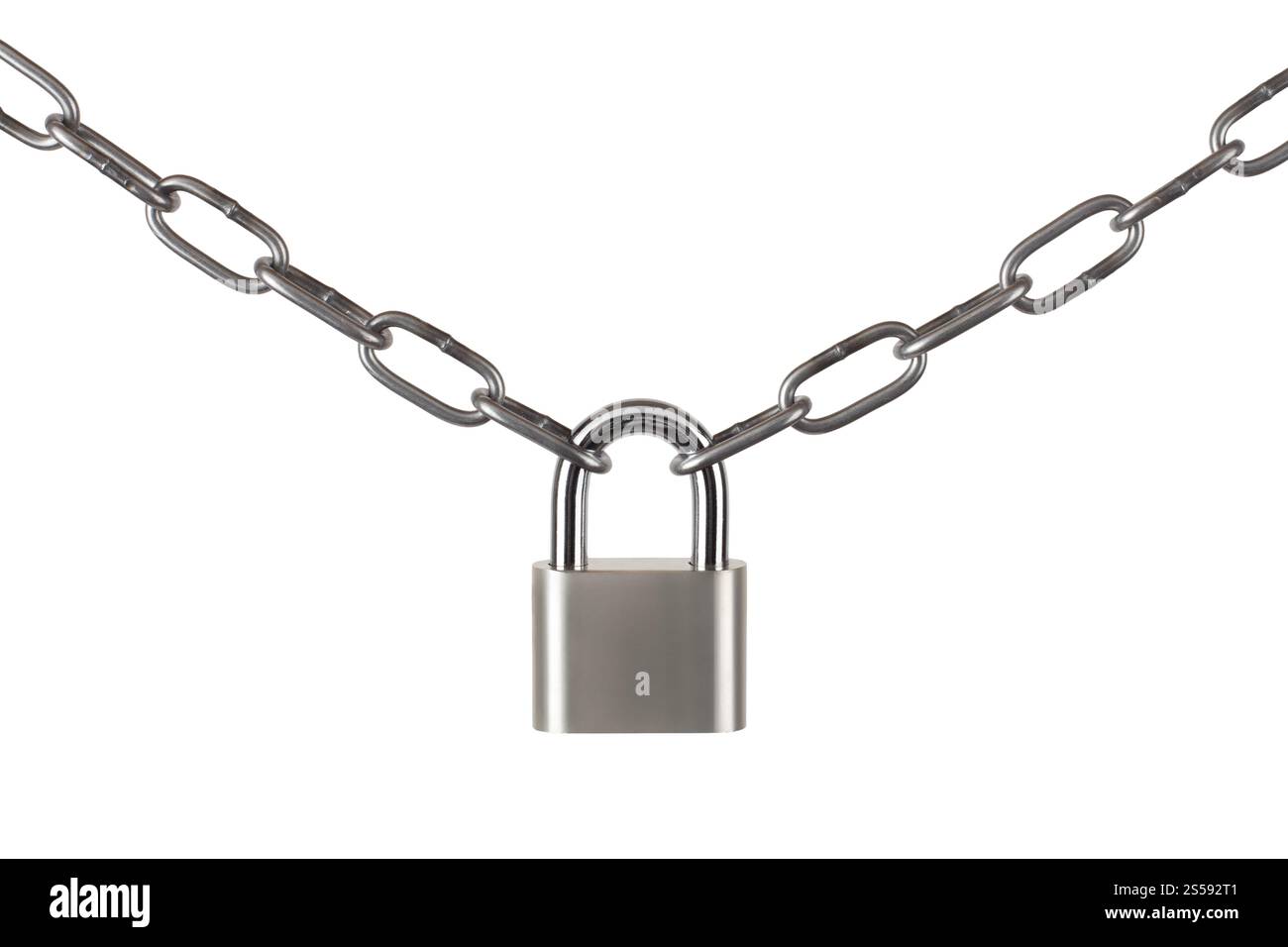 The padlock and chains isolated on a white background. The padlock and ...