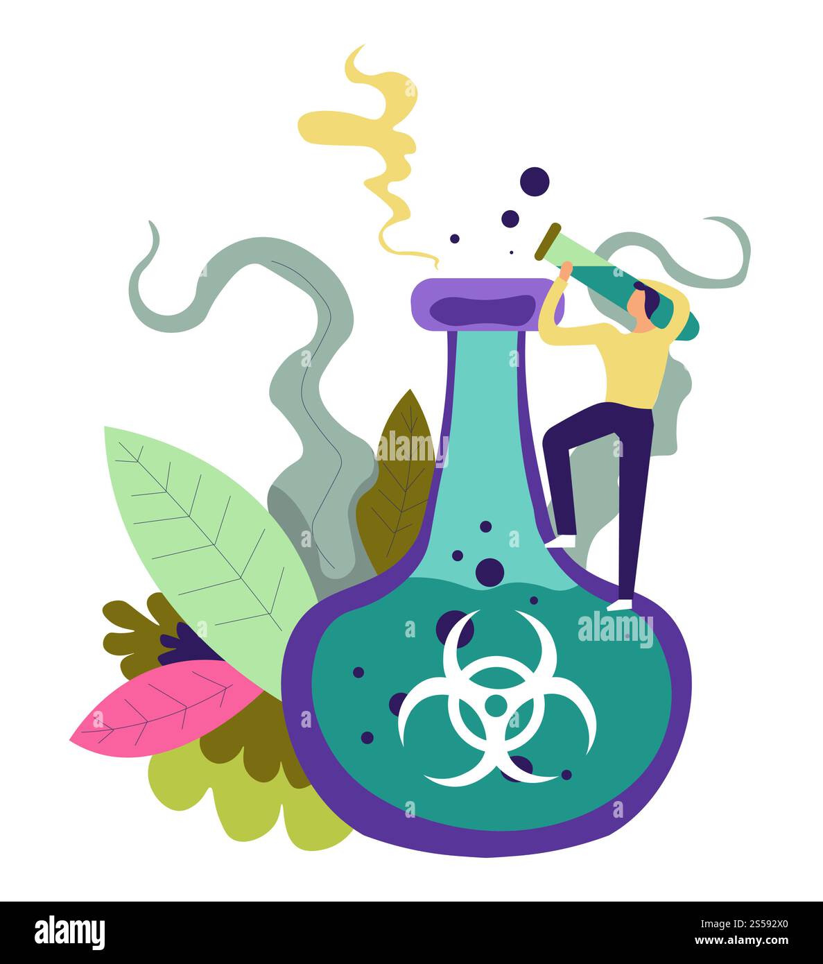 Chemical substance to save people and mankind vector. Scientist person ...