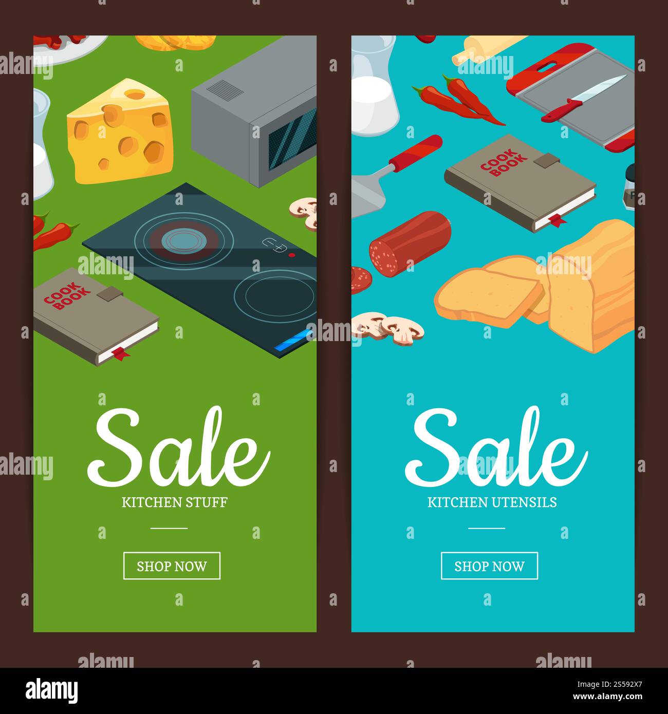 Vector cooking food isometric objects vertical web banners and poster ...