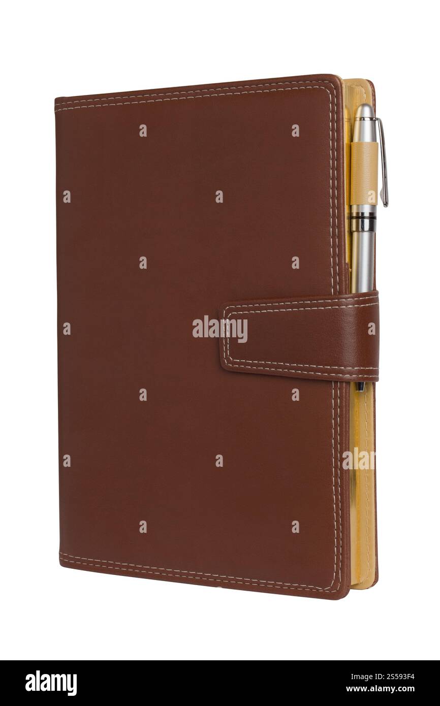 Leather notebook and pencil on white background. Leather notebook and ...