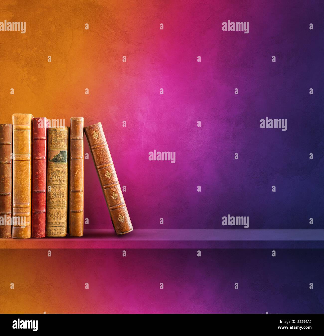 Row of old books on rainbow shelf. Square scene background. Row of old ...