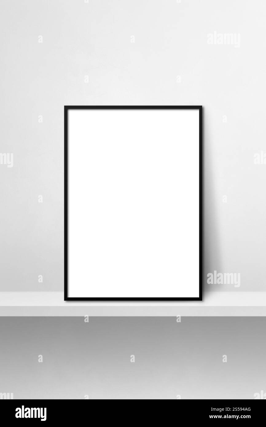 Black picture frame leaning on a white shelf. 3d illustration. Blank ...