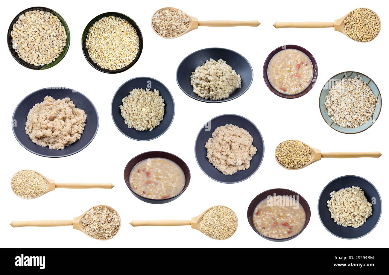 set of various cooked and raw barley grains isolated on white ...