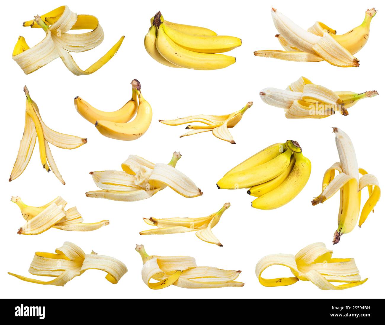 set of various bananas and banana peels isolated on white background ...